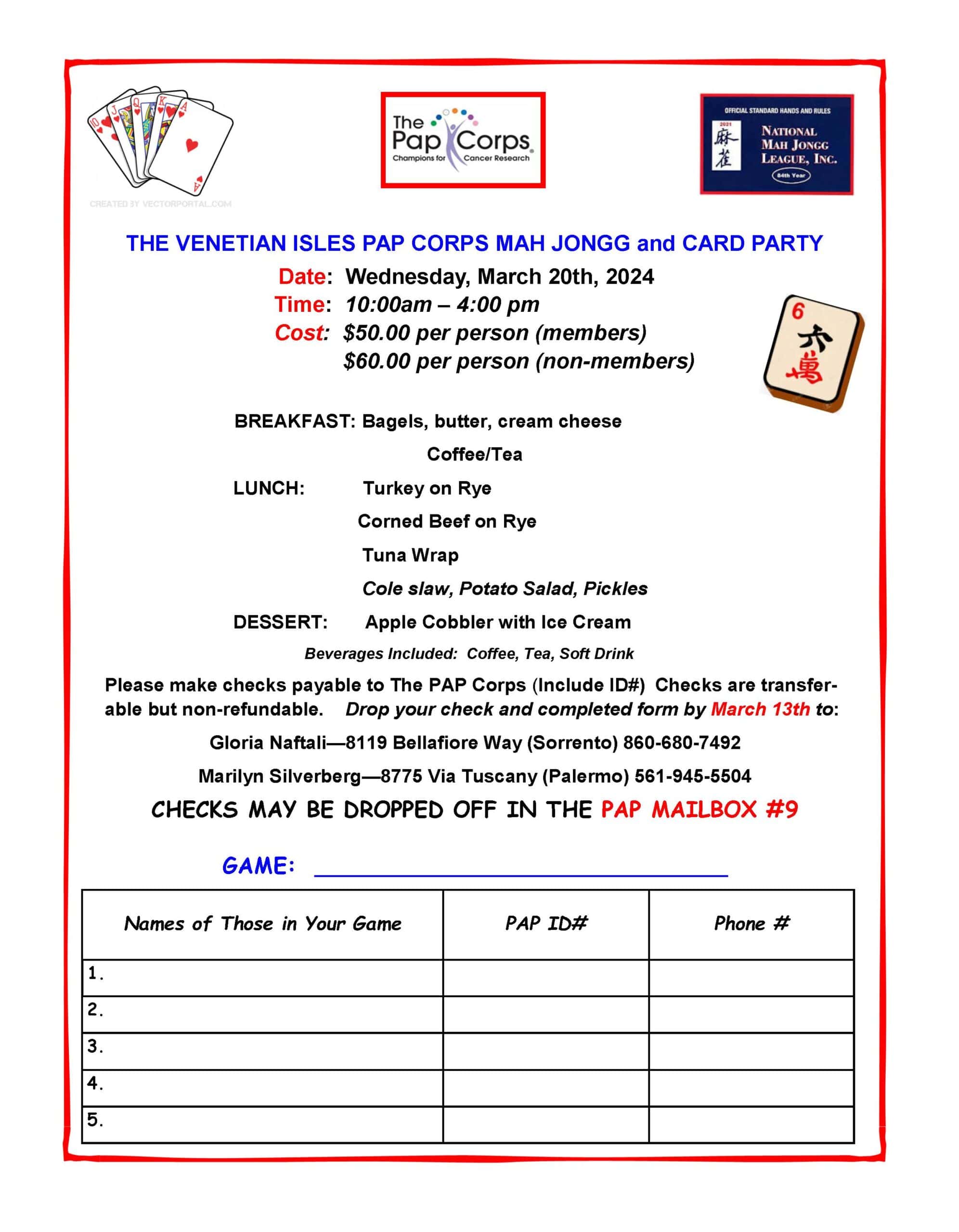 VENETIAN ISLES PAP CORPS MAH JONGG and CARD PARTY | The Pap Corps